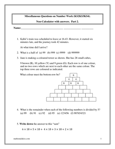 Miscellaneous, B, Number, NC KS2KS3KS4 with ans | Teaching Resources