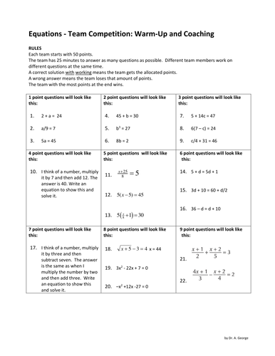 Equation Solving team competition | Teaching Resources