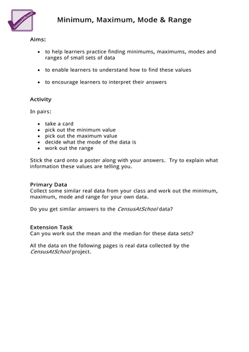 Min, Max, Mode & Range | Teaching Resources