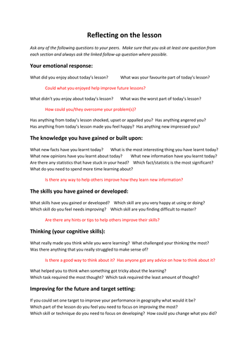 Reflection Guidance for Students | Teaching Resources