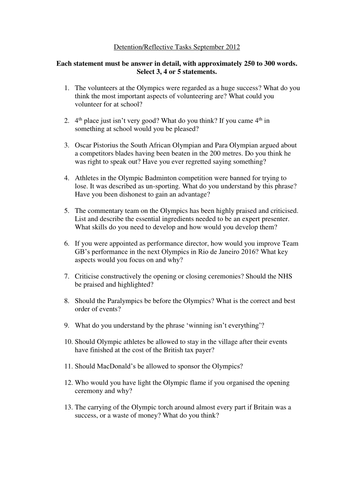 Detention reflective tasks | Teaching Resources