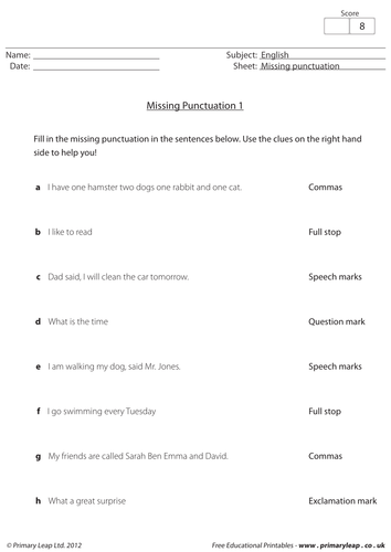 Missing Punctuation (1) | Teaching Resources