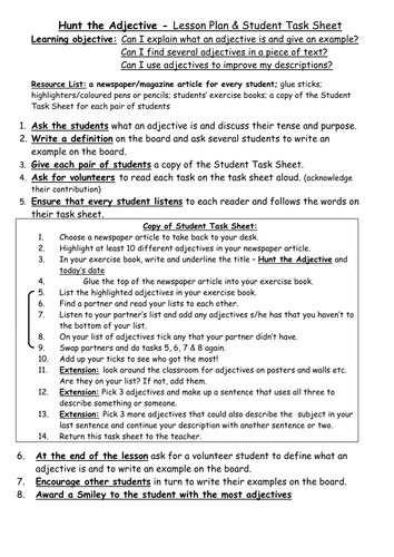 Hunt the Adjective - Lesson Plan & Student Task | Teaching Resources