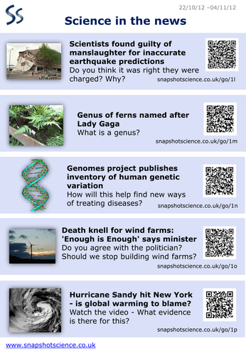 Science in the News-letter: 4th November 2012 | Teaching Resources