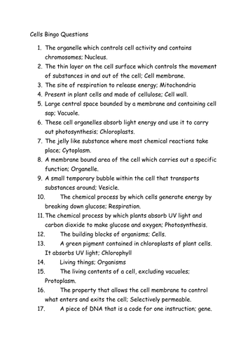 Cells bingo questions | Teaching Resources