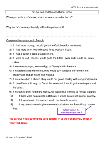 IGCSE French Topic A: if clauses | Teaching Resources