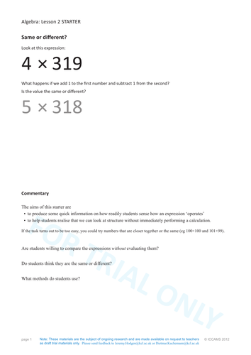 Algebra Starter - Same or Different | Teaching Resources