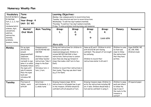 Year 4 D1 Weekly Mathematics plan | Teaching Resources