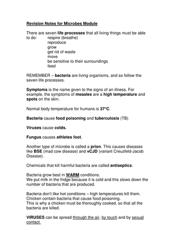 Microbes revision sheet | Teaching Resources
