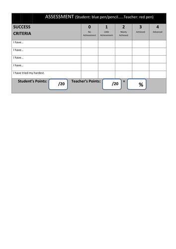 Generic Assessment Sheet | Teaching Resources
