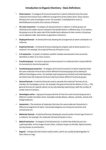 AS Basic definitions for Organic Chemistry | Teaching Resources
