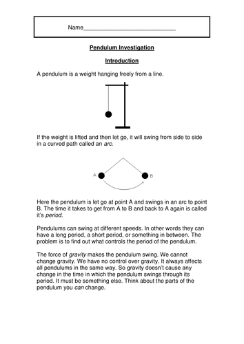 PENDULUM WORKSHEET | Teaching Resources