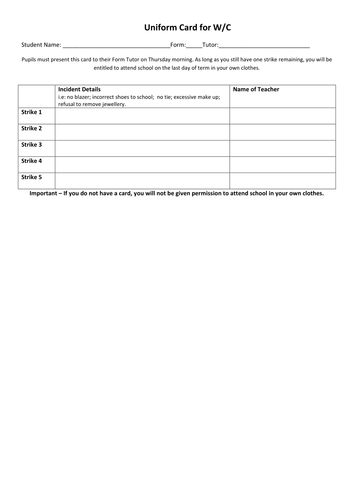 Uniform card template | Teaching Resources