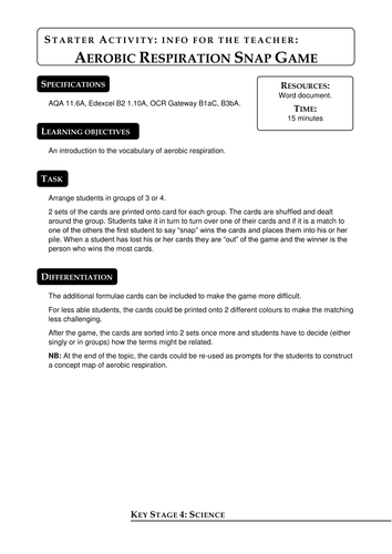 Aerobic respiration starter | Teaching Resources