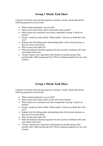 Group 1 alkali metals sheets | Teaching Resources