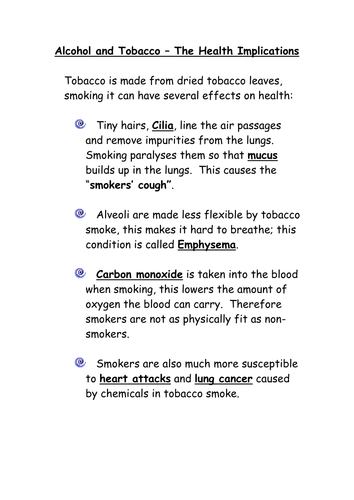 Alcohol and tobacco sheet | Teaching Resources