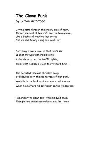 'The Clown Punk' by Simon Armitage by moureennolan29 - Teaching ...
