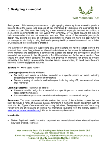 Design a war memorial secondary lesson plan | Teaching Resources