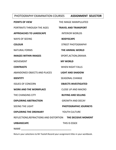 GCSE KS4 Photography Assignment Selector | Teaching Resources