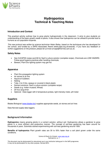 Hydroponics in the lab : a technical guide | Teaching Resources