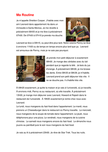 French Comprehension; Big Bang Theory - Ma routine | Teaching Resources