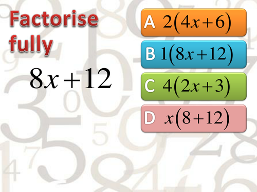 Factorising into SINGLE brackets only starter | Teaching Resources Factorising into SINGLE brackets only starter | Teaching Resources