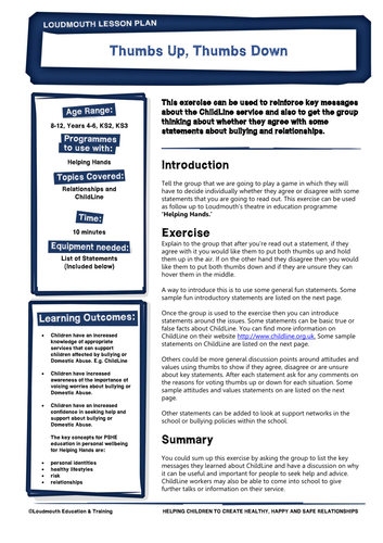 Thumbs Up Thumbs Down Exercise; bullying | Teaching Resources