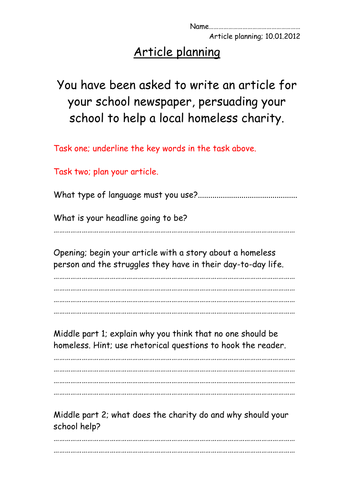 Article planning sheet - Stone Cold pre-reading | Teaching Resources