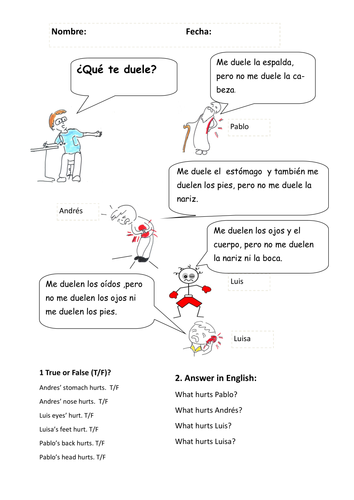 Me duele/duelen Reading & Writing with cartoons | Teaching Resources