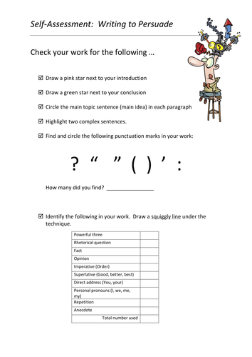 Self-assessment sheet: writing to persuade | Teaching Resources
