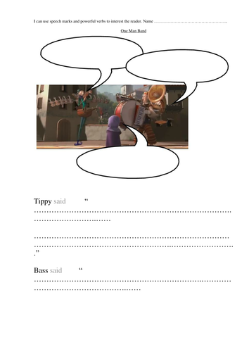 One Man Band Pixar speech marks worksheet | Teaching Resources