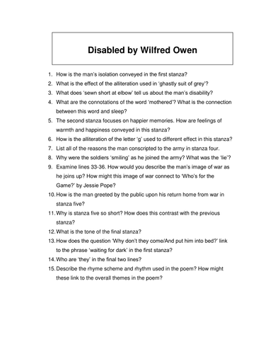 Questions on the poem 'Disabled' by Wilfred Owen | Teaching Resources