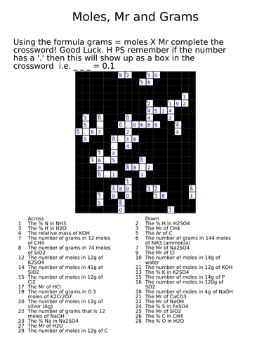 Crossword for calculating moles, grams, Mr and Ans | Teaching Resources