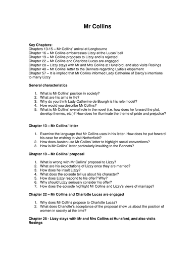 Mr Collins Overview Worksheet | Teaching Resources