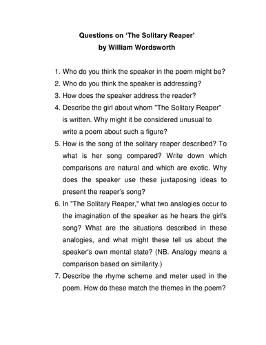 Questions on 'The Solitary Reaper' by William Wordsworth | Teaching ...