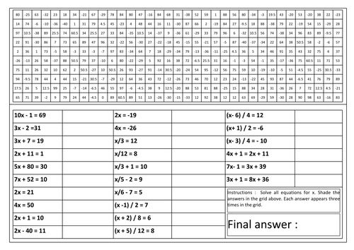 Solving linear equations (medium) - Shade out grid | Teaching Resources