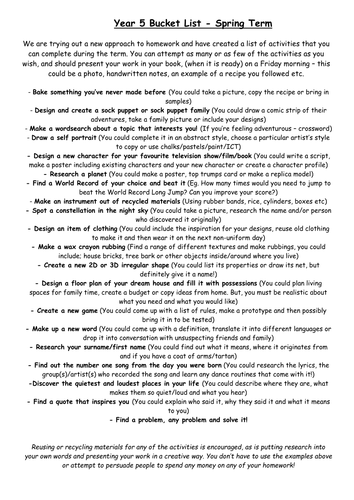 Homework - Year 5 - Bucket List | Teaching Resources
