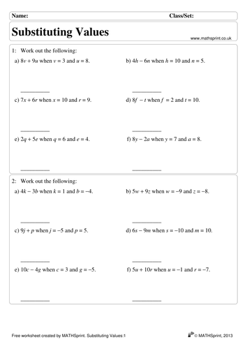 Substituting Values Practice Questions Solutions Teaching Resources