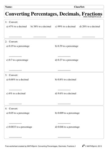 Convert Decimals % Fractions questions + solutions | Teaching Resources