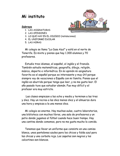 Mi instituto - Reading comprehension | Teaching Resources