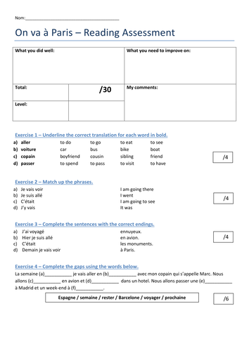 French: Let's go to Paris - Reading Assessment | Teaching Resources