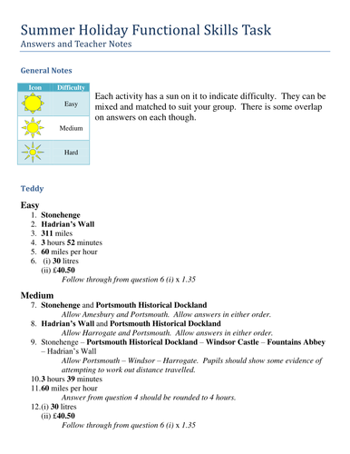 Summer Holiday Maths Functional skills Task | Teaching Resources