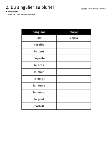 French Body Parts Worksheet
