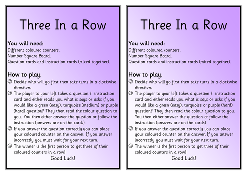 3 in a row number game | Teaching Resources