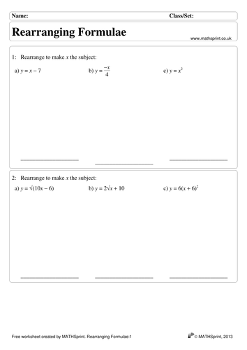 Rearranging Formulae practice questions, solutions | Teaching Resources