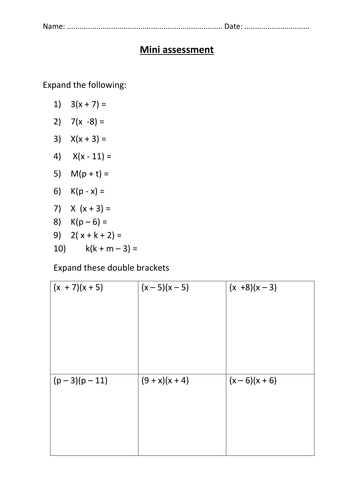 Expanding brackets and factorising assessment | Teaching Resources Expanding brackets and factorising assessment | Teaching Resources