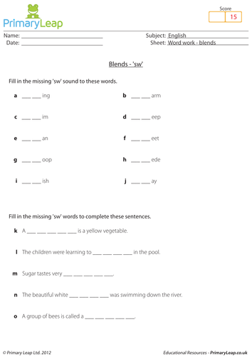 Word work: Blends 'sw' - KS1 English resource | Teaching Resources