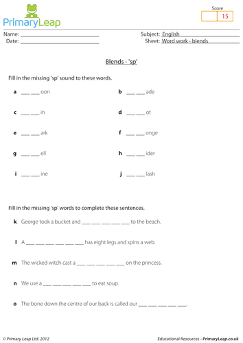 Word work: Blends 'sp' - KS1 English resource | Teaching Resources