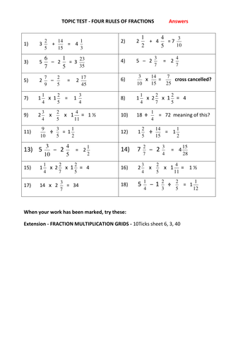 Fractions 4-rules Test/Worksheet | Teaching Resources