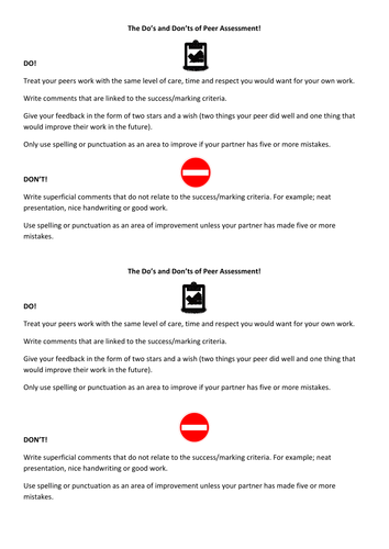 A Do's and Don'ts Sheet for Peer Assessment | Teaching Resources